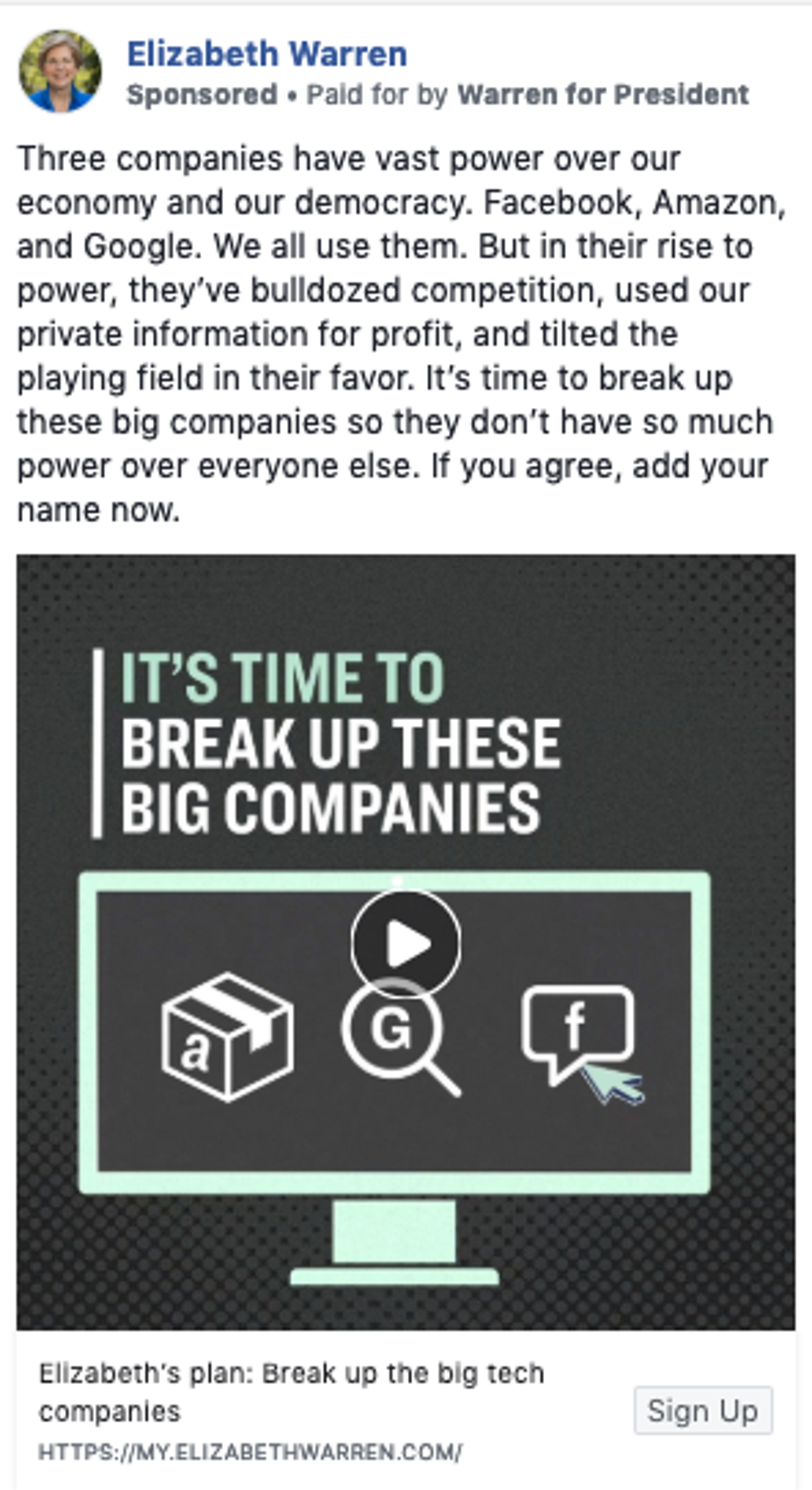 Facebook Temporarily Removed Elizabeth Warren Ads Urging Breakup Of ...