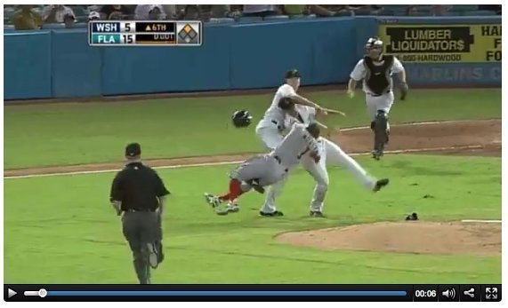 Nationals Marlins Fight Video Nyjer Morgan Charges Mound Brawl Ensues