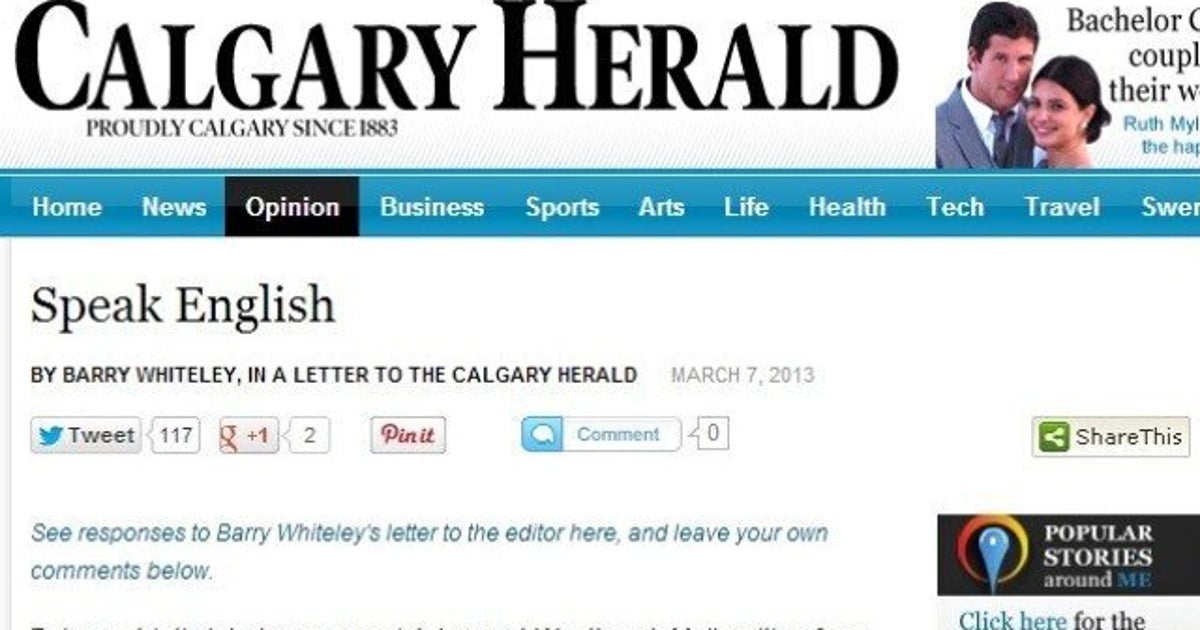 Barry Whiteley, Calgary Herald Letter Writer, Under Fire (TWEETS ...