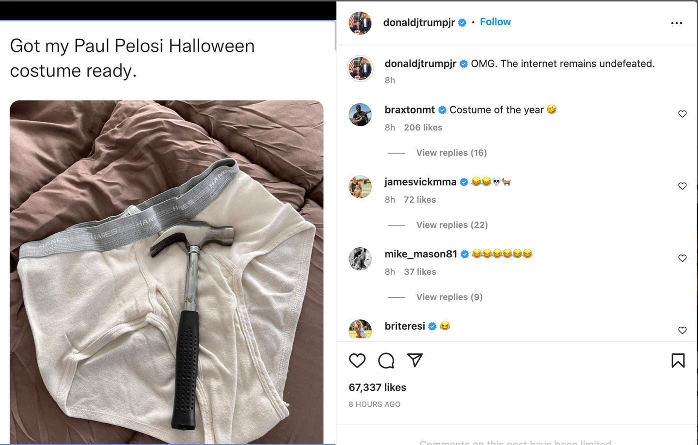 Donald Trump Jr. Mocks Paul Pelosi With 'Despicable' Halloween Post ...
