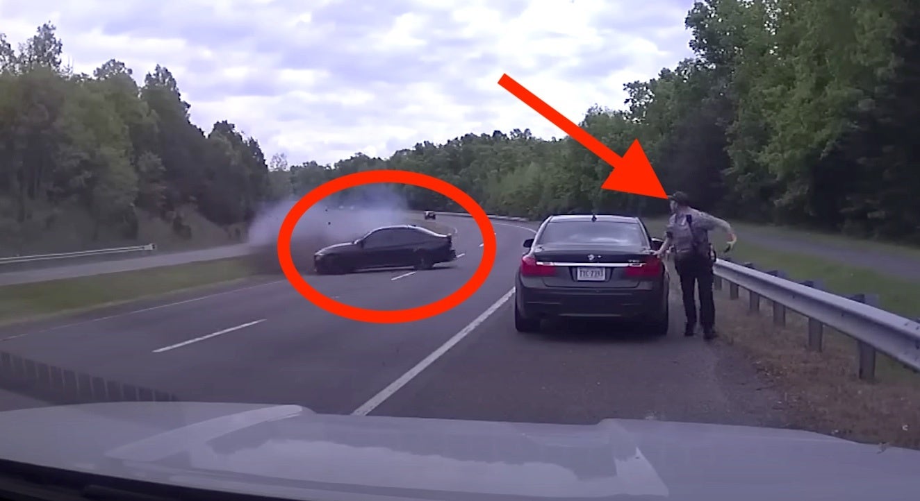 YIKES!!! Car Goes Flying Off The Road, Almost Kills Cop During Traffic ...