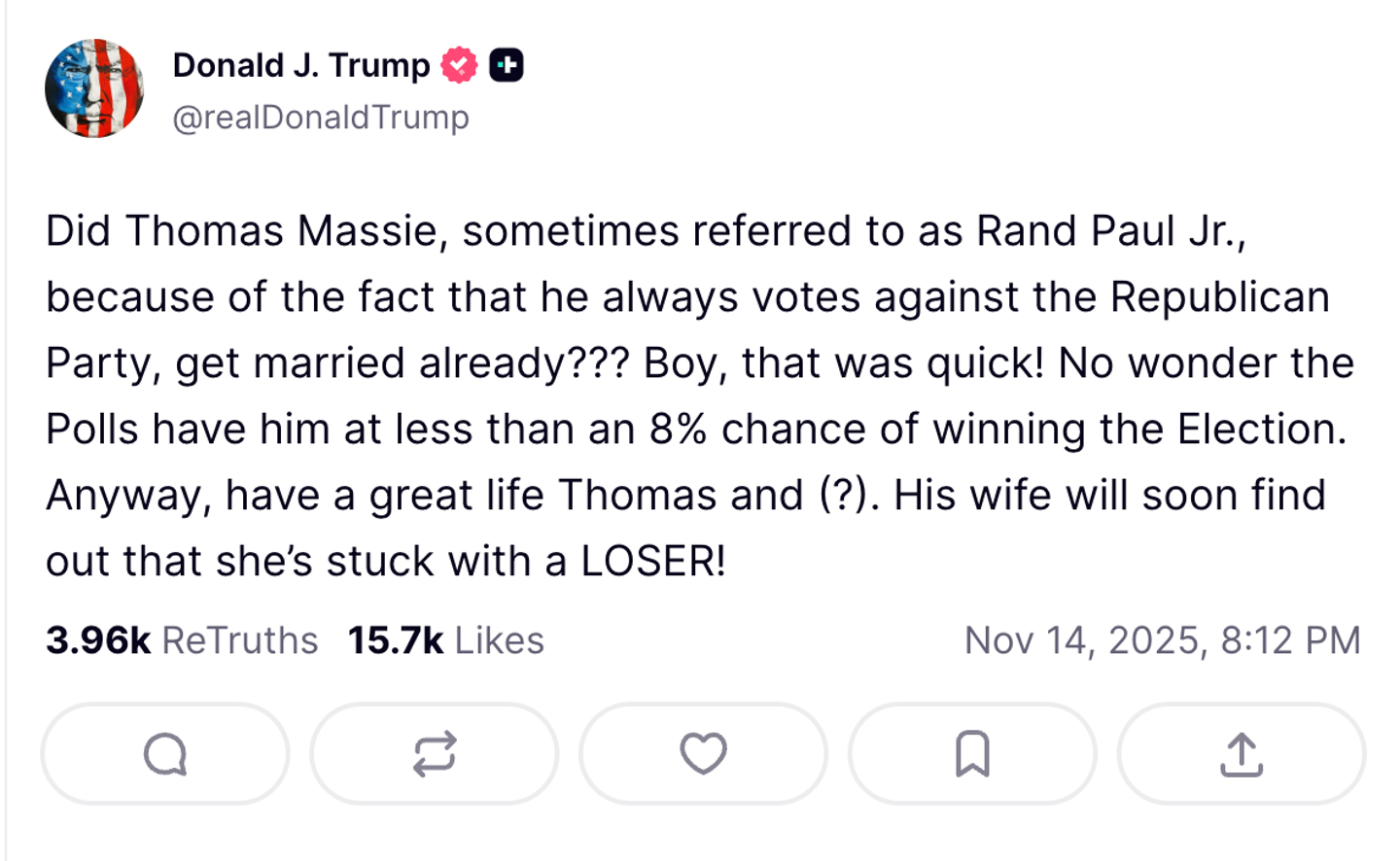 Trump's Criticism Of Thomas Massie's Marriage Sparks Backlash ...