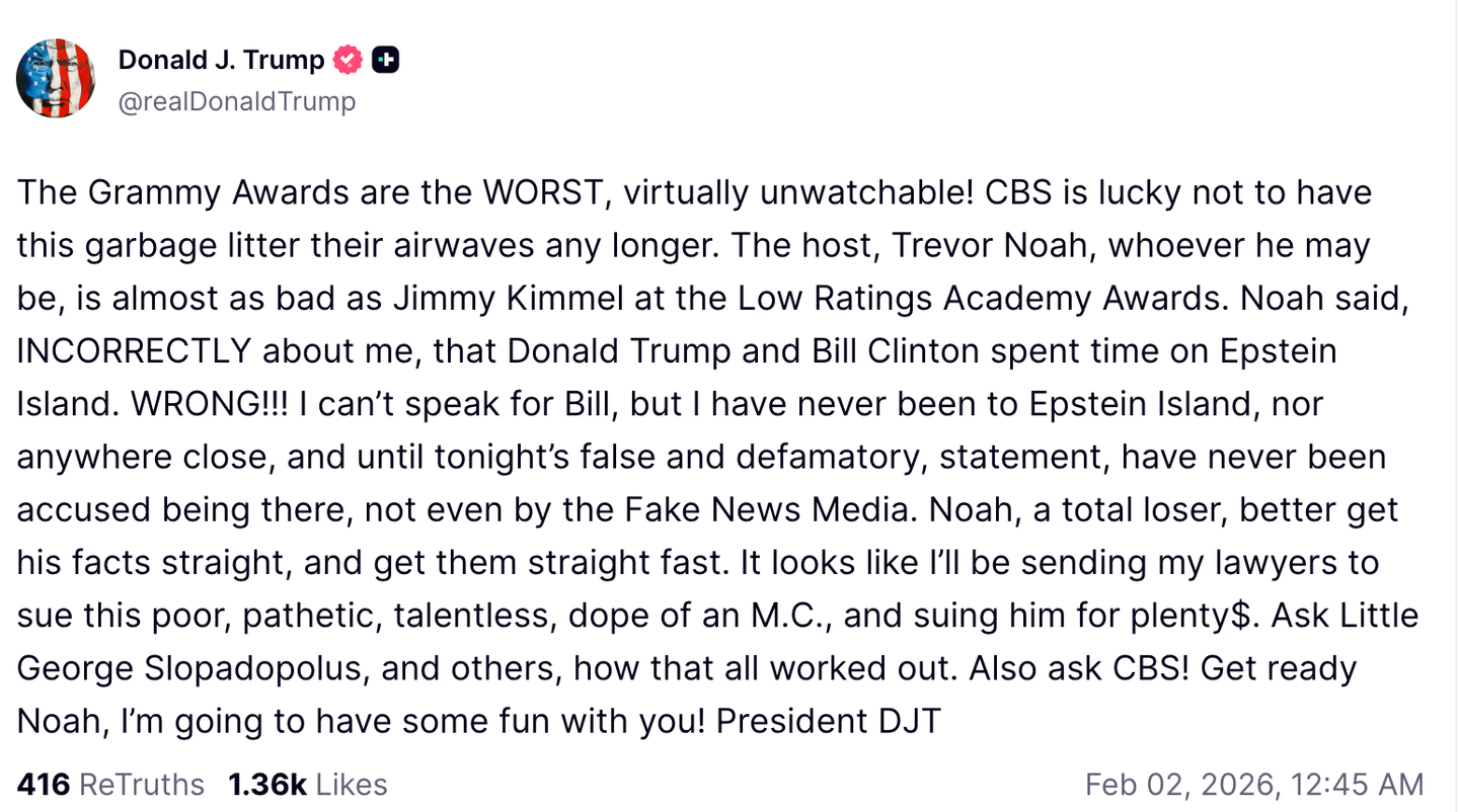'Loser Behavior': Trump Roasted Over His Post-Grammys Freak-Out ...